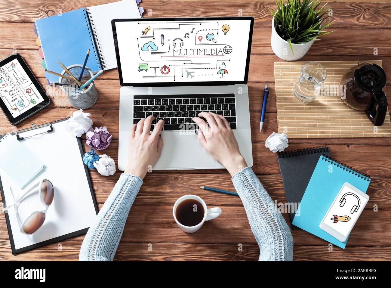 Multimedia education concept with office workspace Stock Photo - Alamy