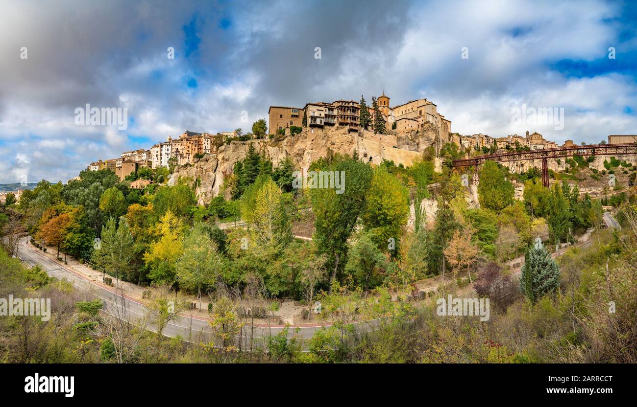 Panoramic view of Cuenca and famous hanging houses, Spain Stock Photo ...