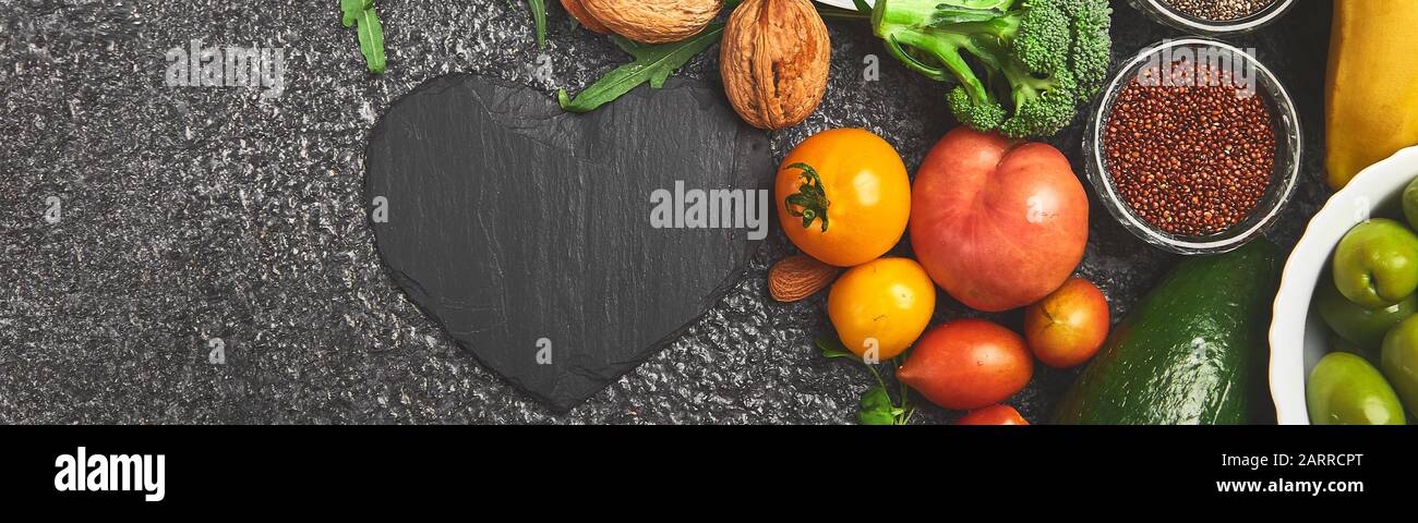 Banner of Heart shape of food health for heart. Ingredients for healthy ...