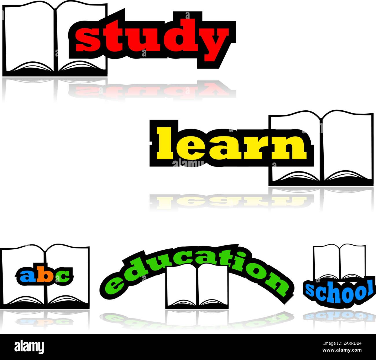 Concept illustration showing an open book with education related words ...