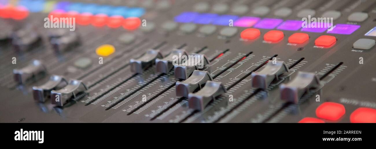 Sound recording studio mixing desk. Music mixer control panel Stock ...