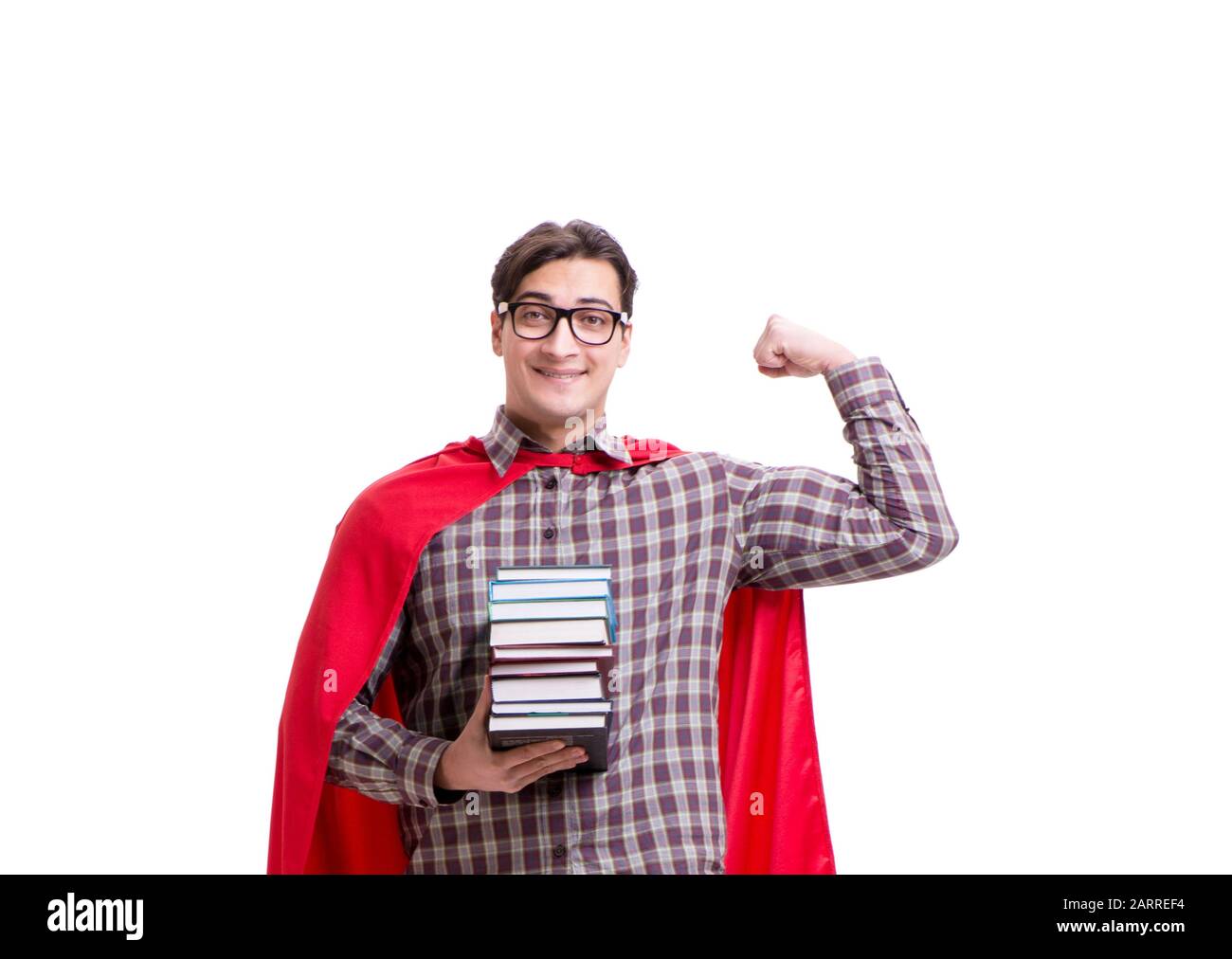 The super hero student with books isolated on white Stock Photo - Alamy