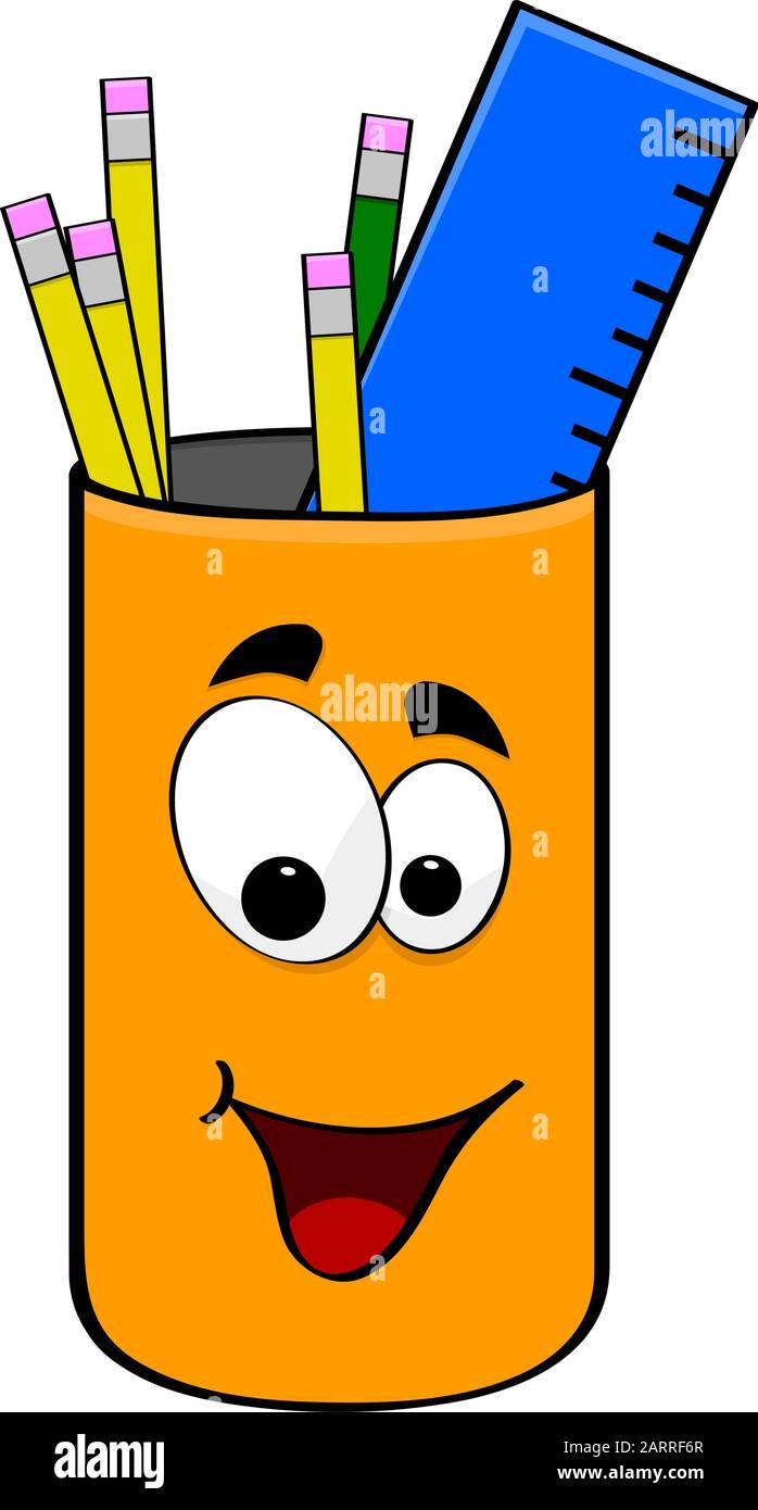 Cartoon illustration showing a happy can holding pencils and a ruler ...