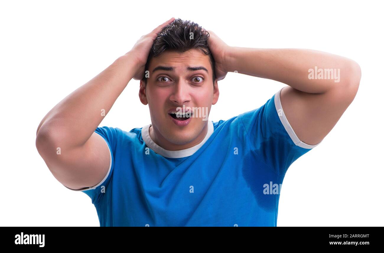 Man sweating excessively smelling bad isolated on white background ...