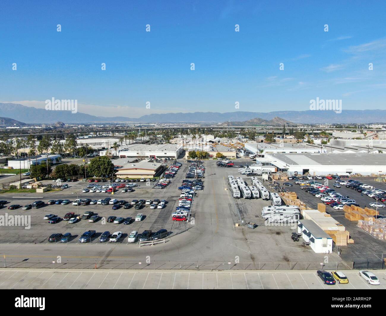 Aerial view to industrial zone and company storage warehouse in ...