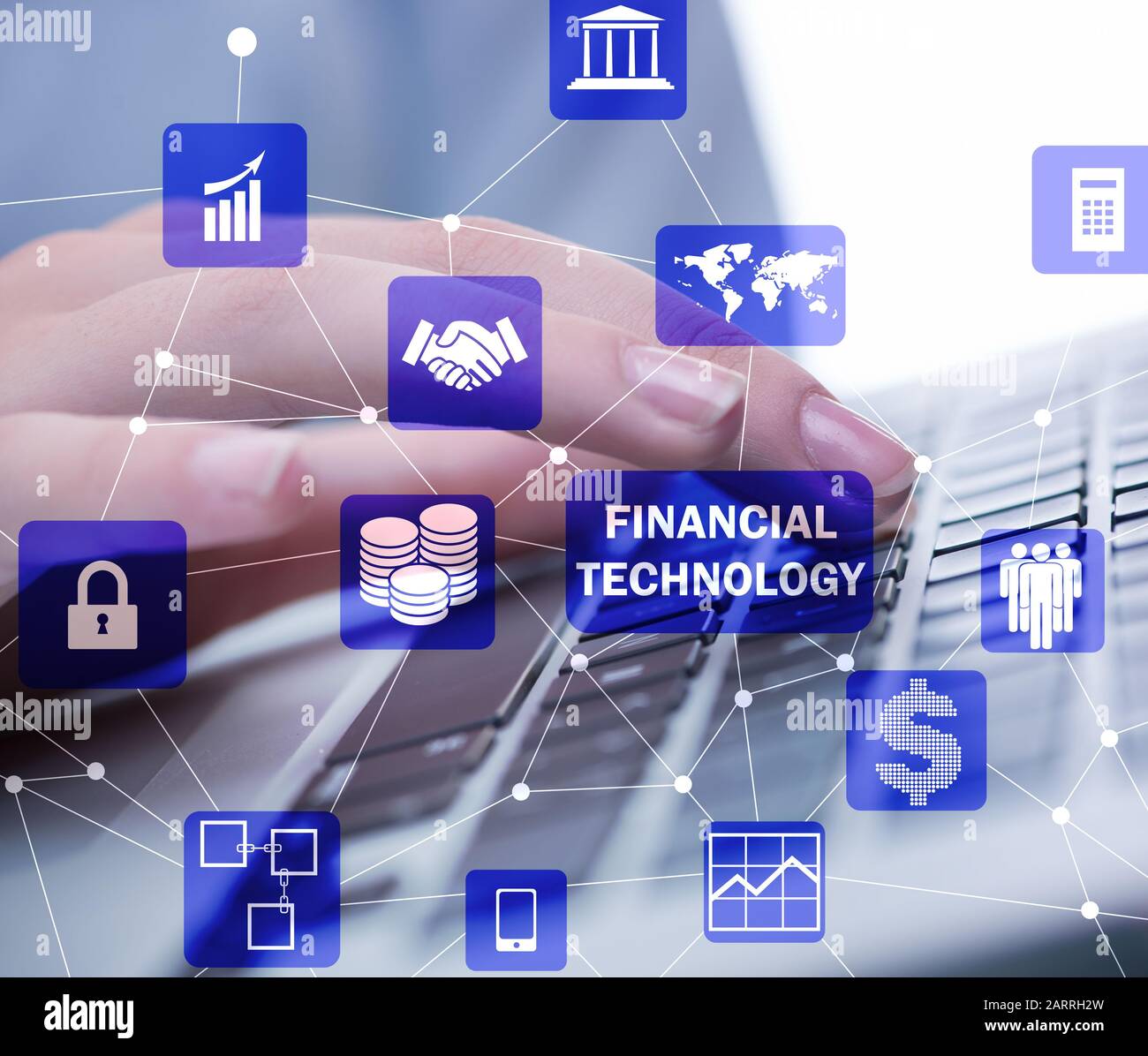 The hands working on laptop in financial technology fintech concept ...