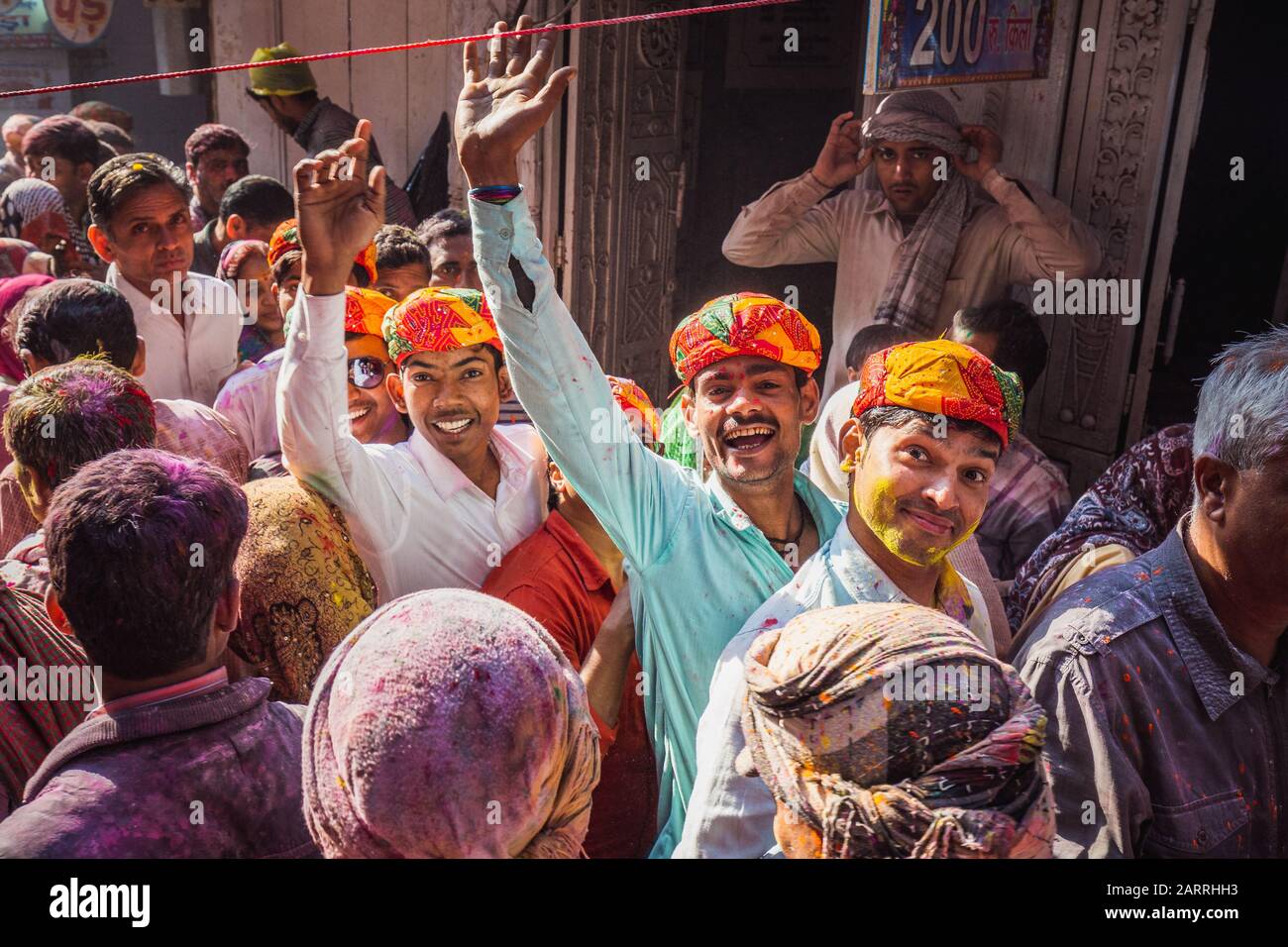 Vrindavan, India - March 12 2017: Indian people covered in different ...