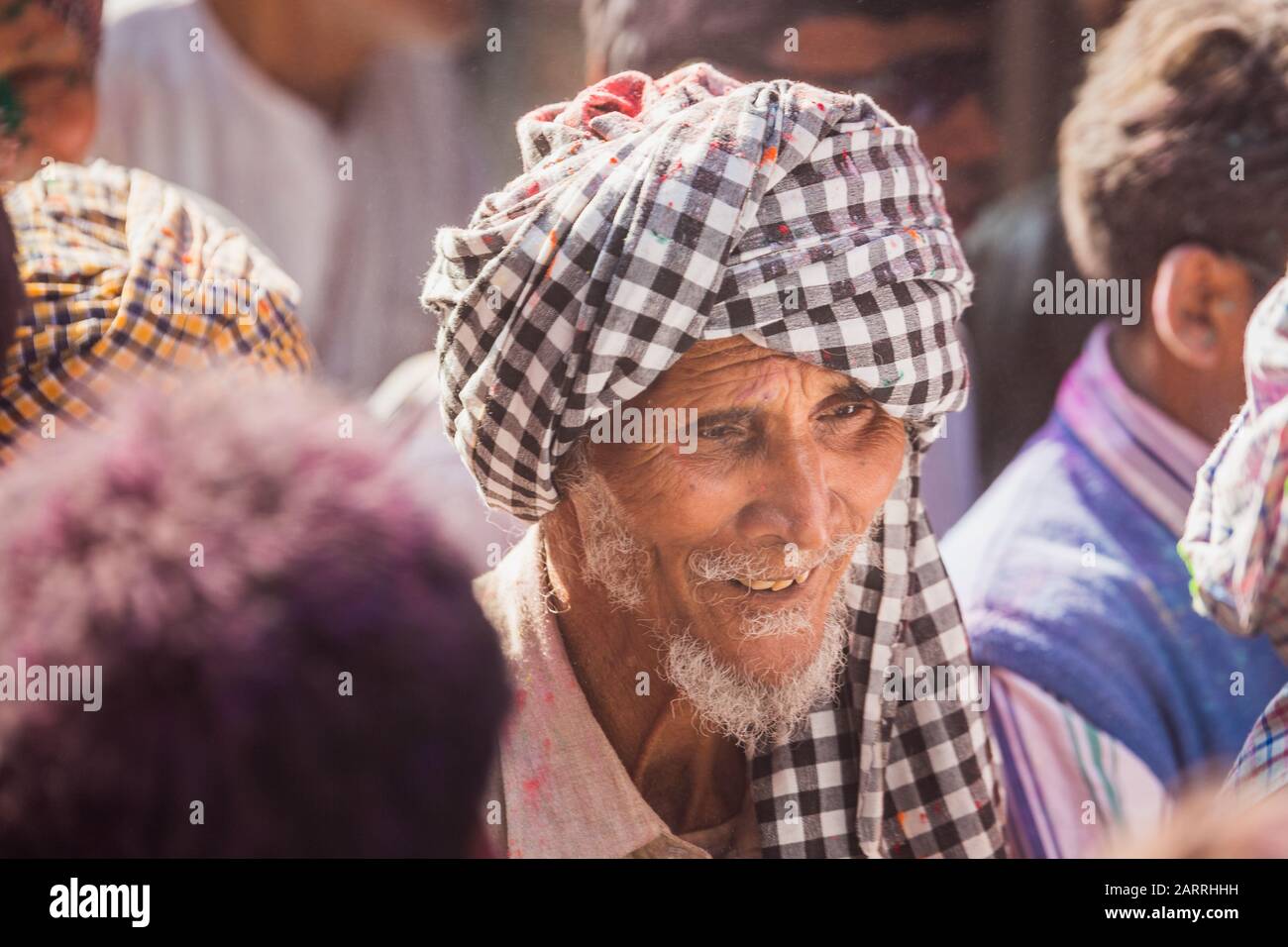 Vrindavan, India - March 12 2017: Indian people covered in different ...