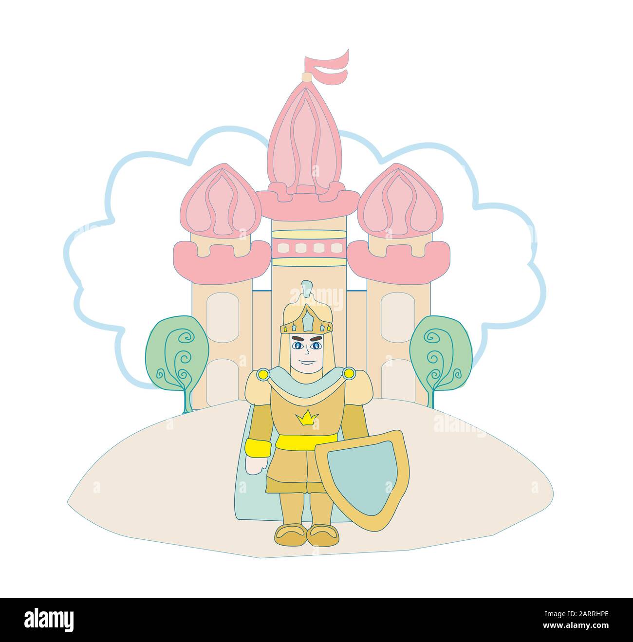 Funny cartoon knight and a beautiful castle Stock Photo - Alamy