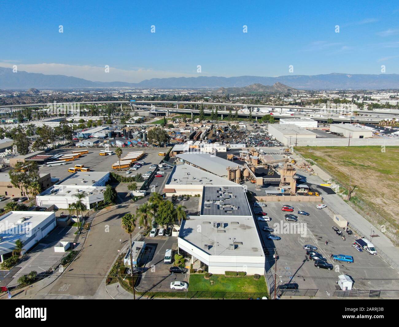 Aerial view to industrial zone and company storage warehouse in ...