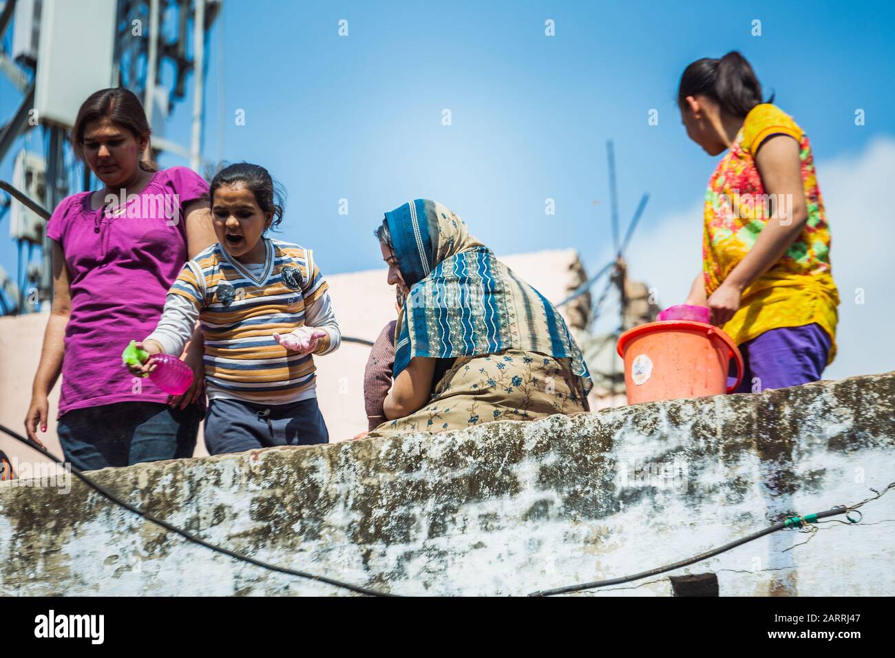 Vrindavan, India - March 12 2017: Indian people covered in different ...