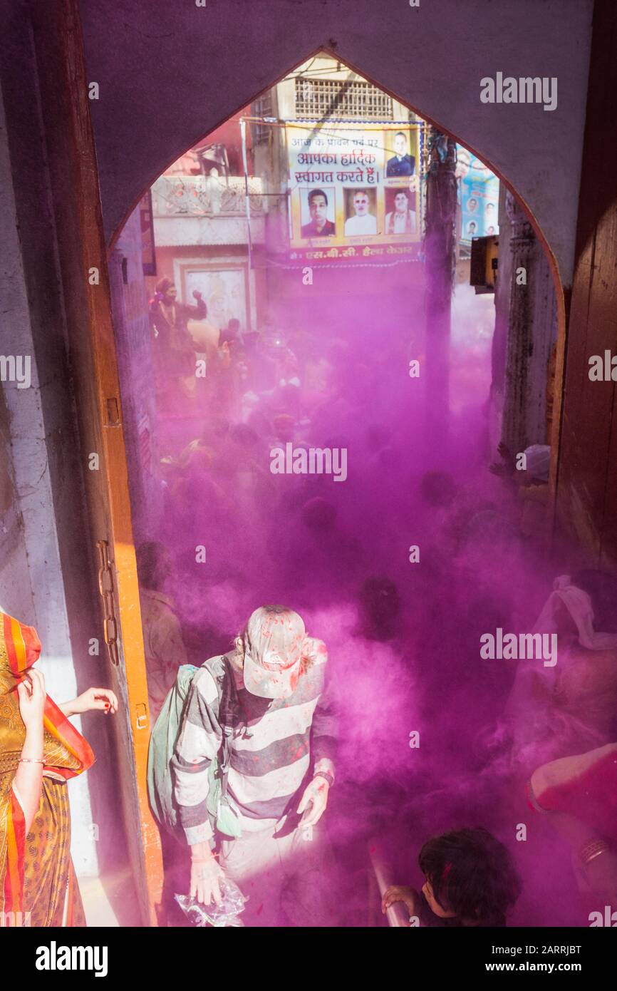 Vrindavan, India - March 12 2017: Indian people covered in different ...