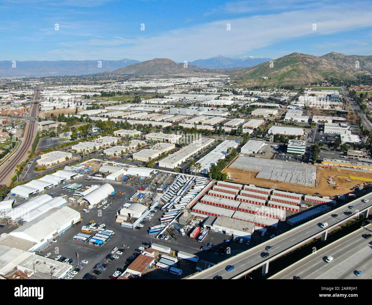Aerial view to industrial zone and company storage warehouse in ...