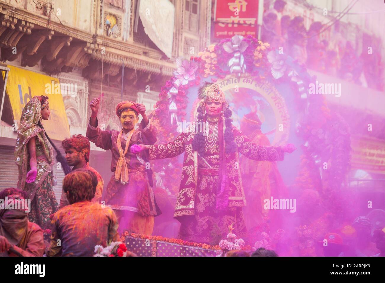 Vrindavan, India - March 12 2017: Indian people covered in different ...