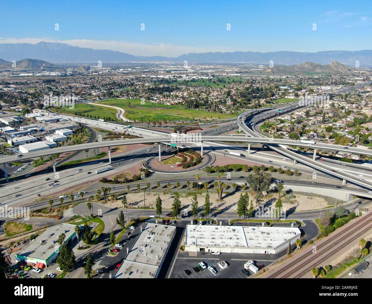 Aerial view to industrial zone and company storage warehouse in ...