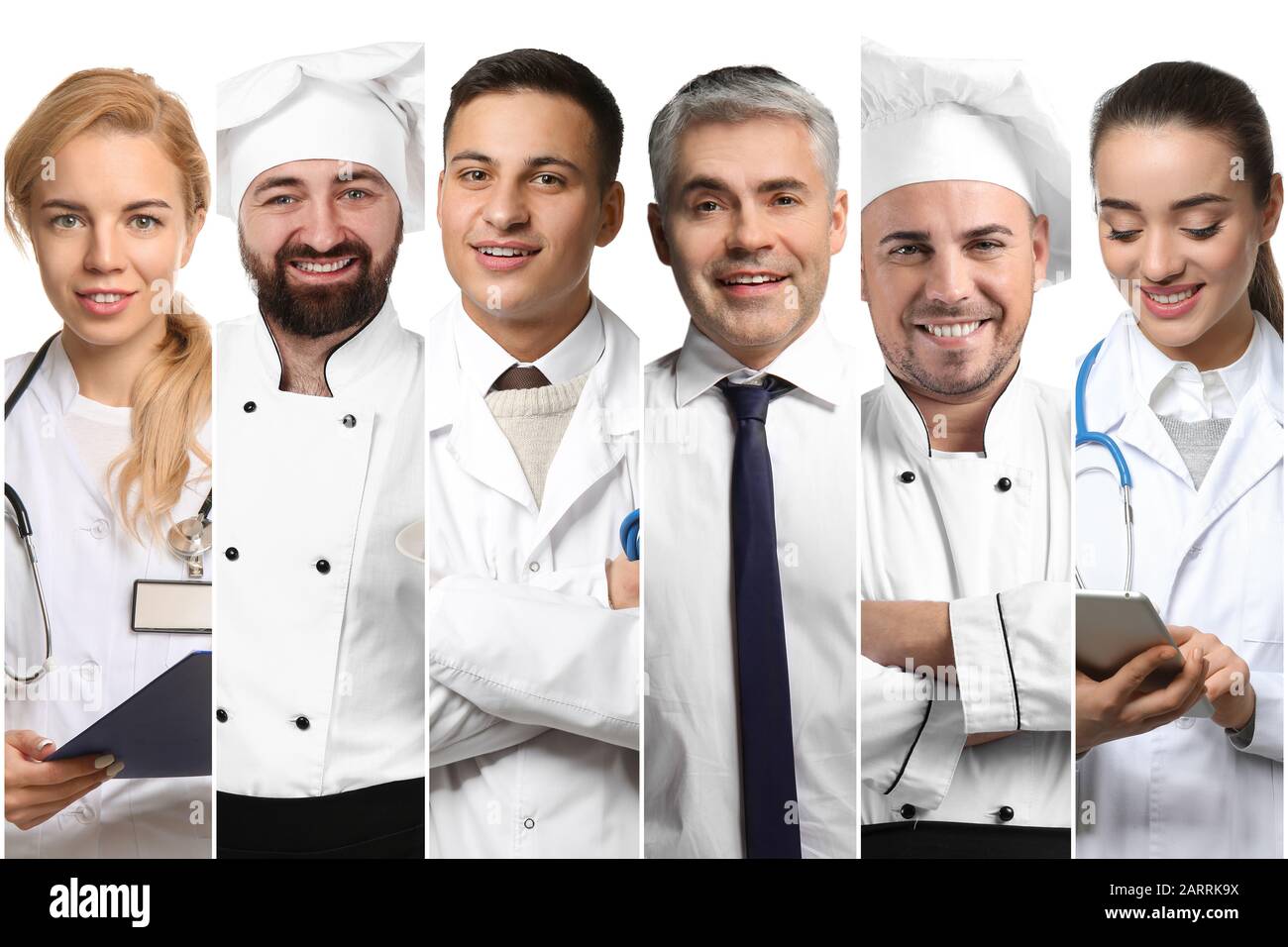Collage with people of different professions on white background Stock ...