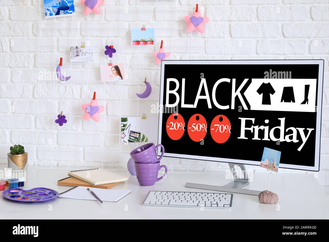 Black Friday advertising on screen of computer monitor on workplace ...