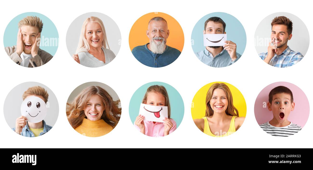 Collage with different happy people on white background Stock Photo - Alamy
