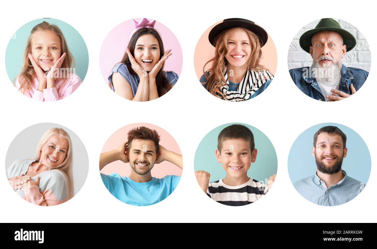 Collage with different happy people on white background Stock Photo - Alamy