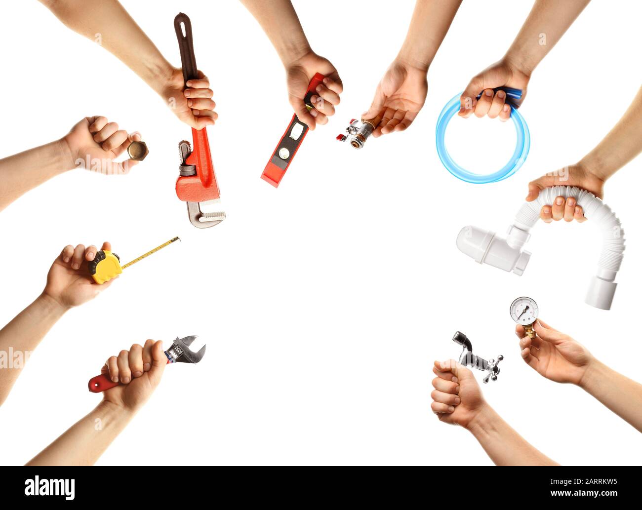 Hands with different plumber tools on white background Stock Photo - Alamy