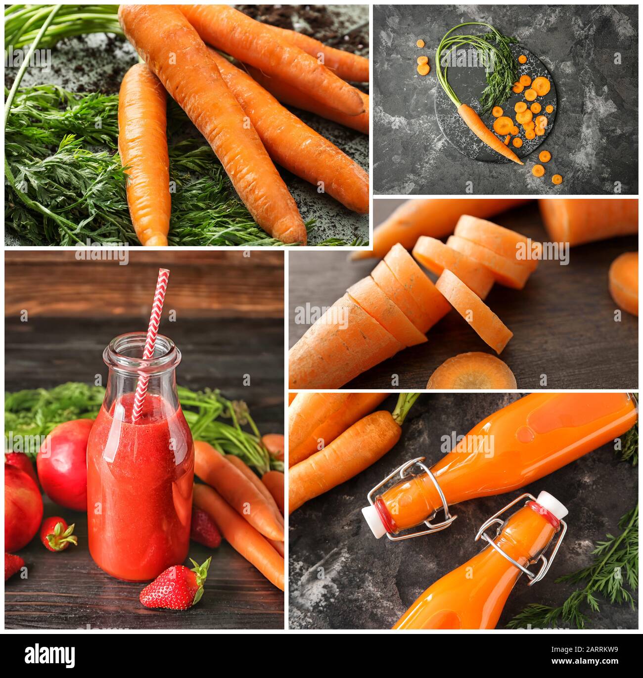 Collage of photos with fresh tasty carrot and juice Stock Photo - Alamy