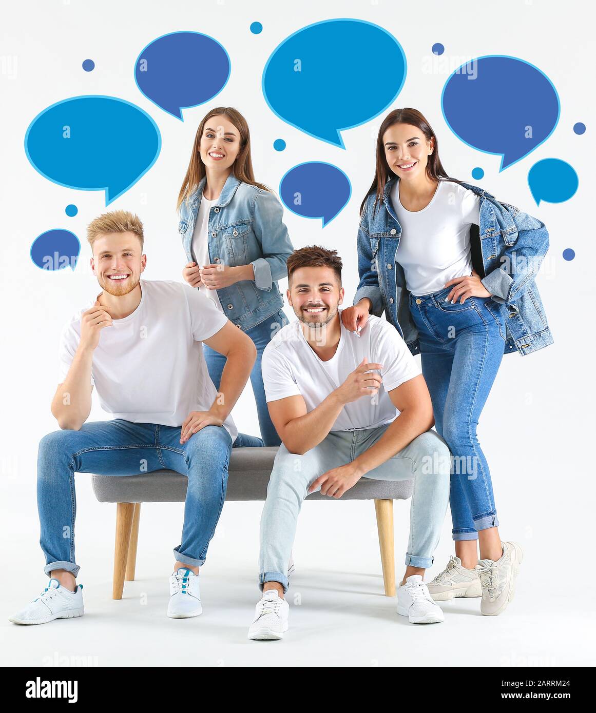Group of young people with blank speech bubbles on white background ...