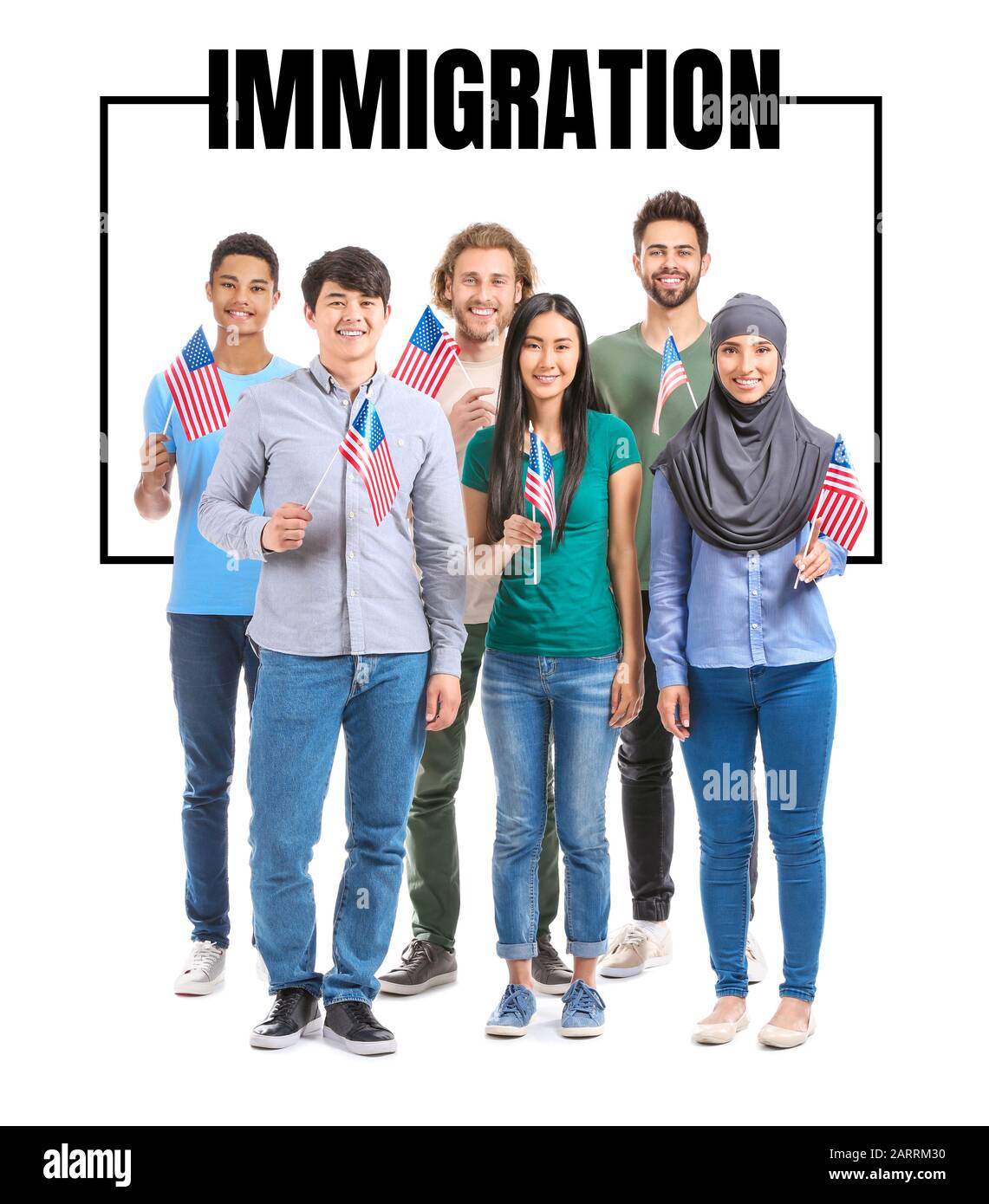 Group of students with USA flags and word IMMIGRATION on white ...