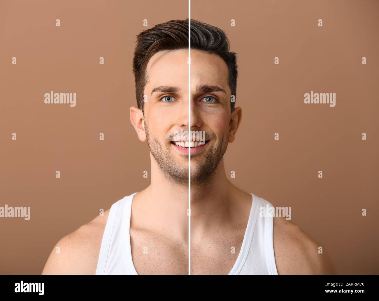 Comparison portrait of man on color background. Process of aging Stock ...