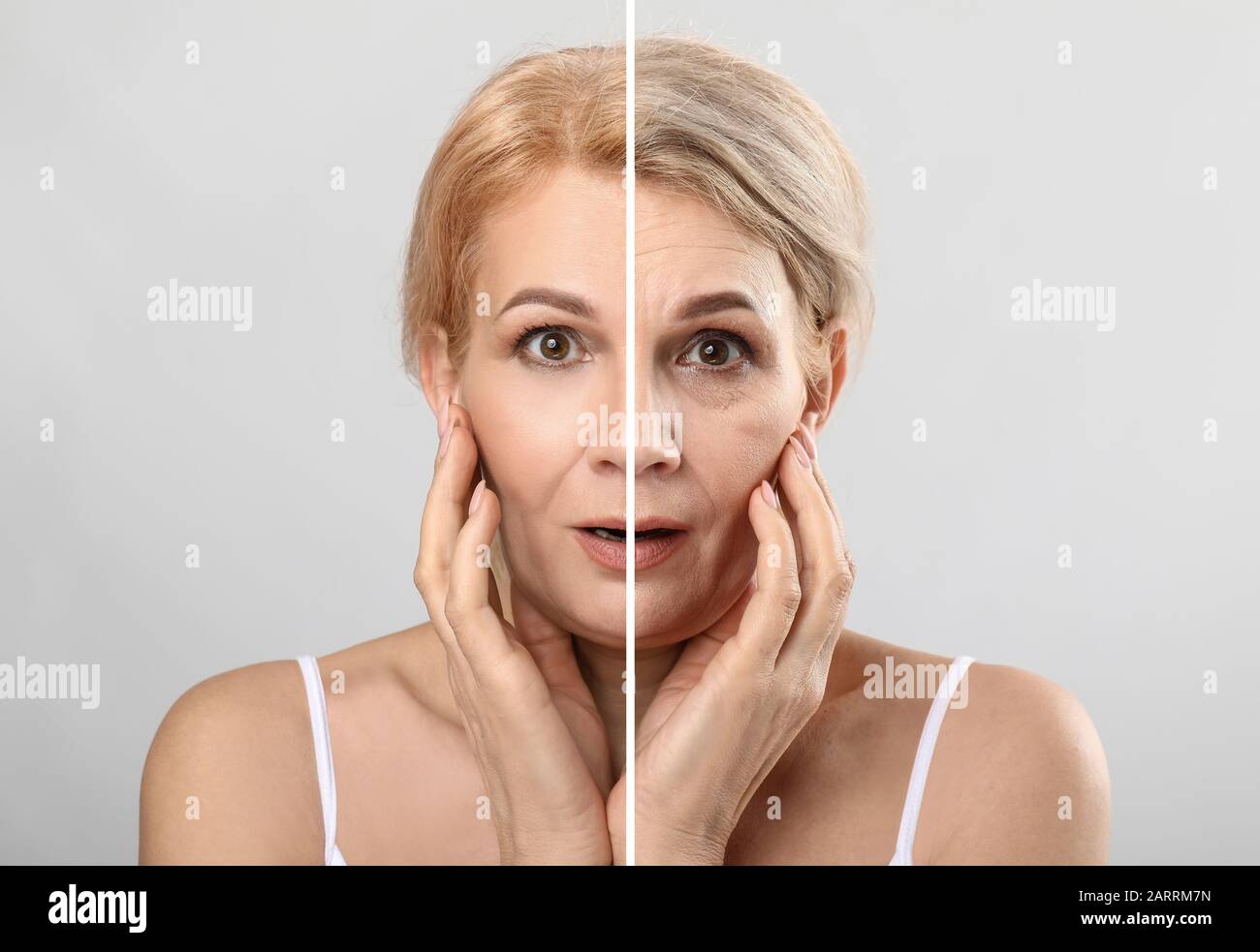 Comparison portrait of mature woman on light background. Process of ...
