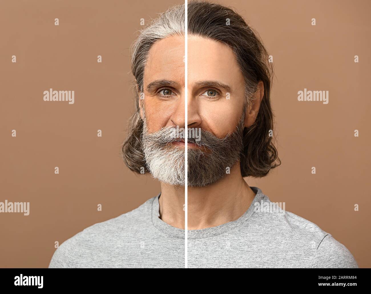Comparison portrait of man on color background. Process of aging Stock ...