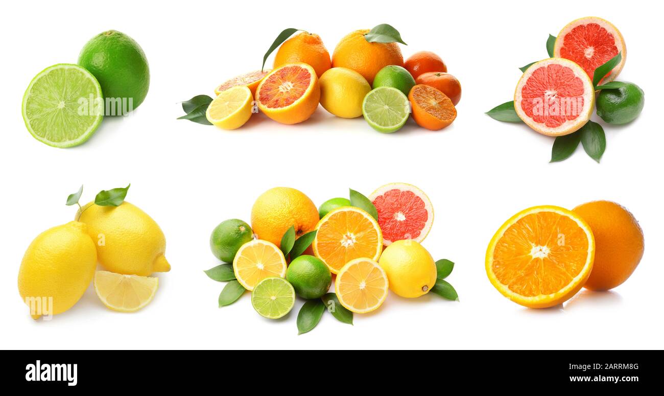 Different tasty citrus fruits on white background Stock Photo - Alamy