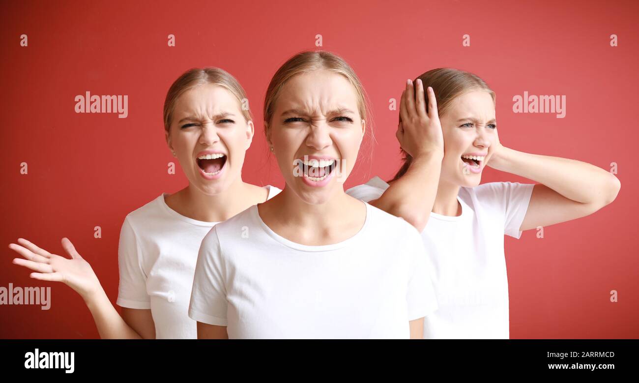 Collage with angry woman on color background Stock Photo - Alamy