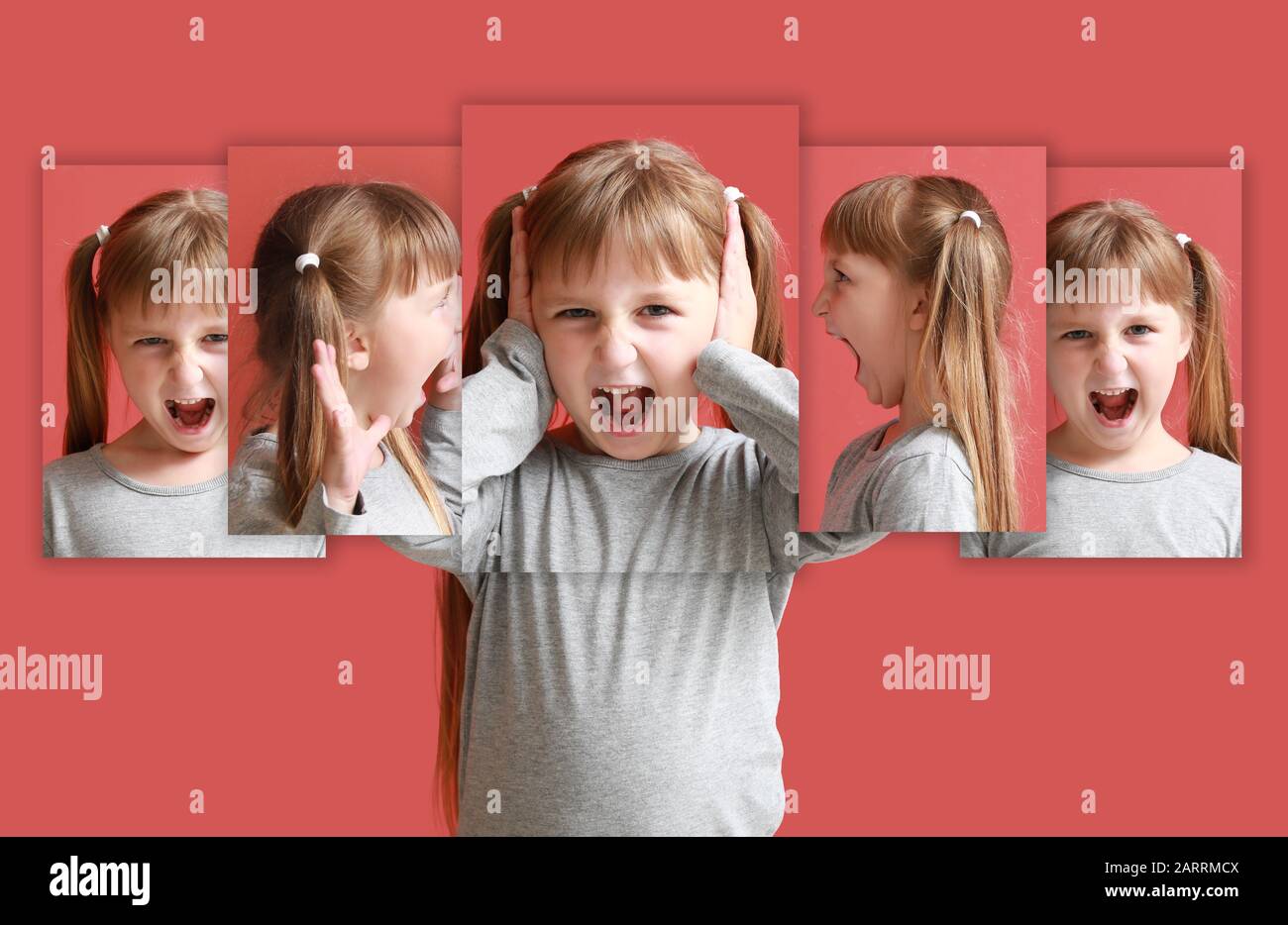 Collage with angry little girl on color background Stock Photo - Alamy