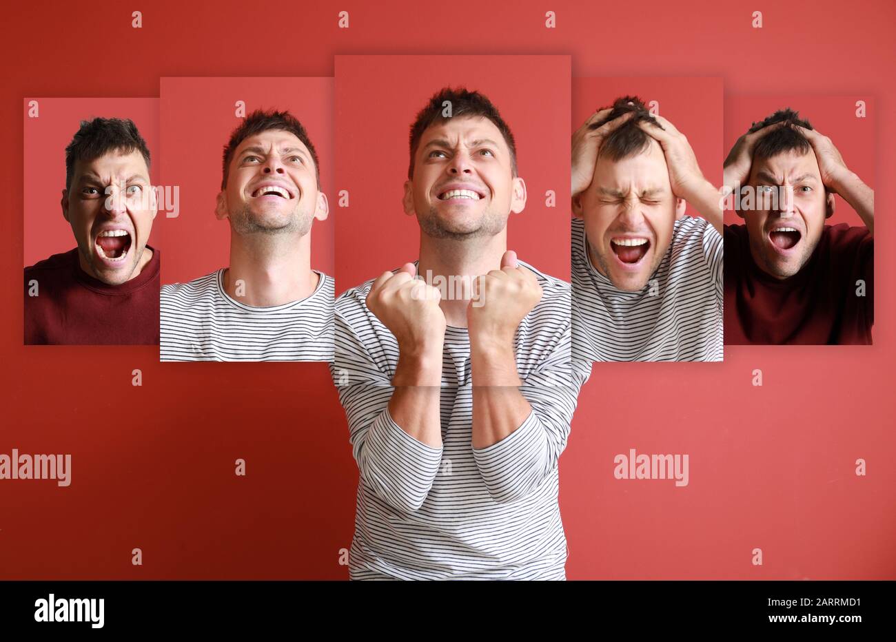 Collage with angry man on color background Stock Photo - Alamy