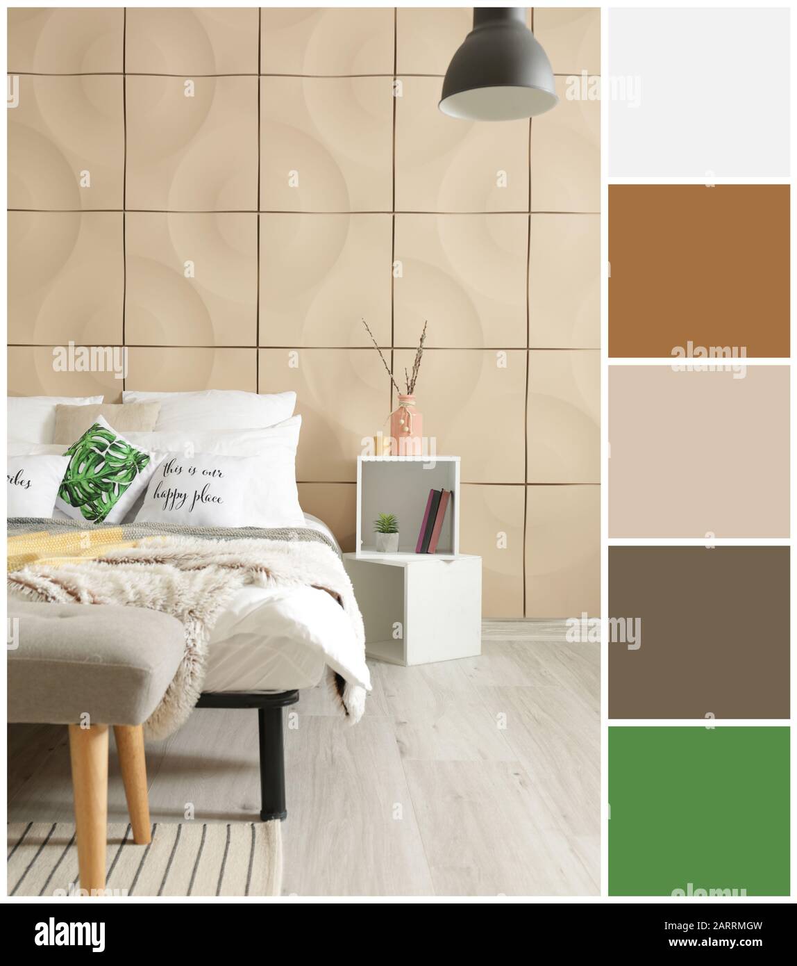 Big comfortable bed in stylish interior of room. Different color ...