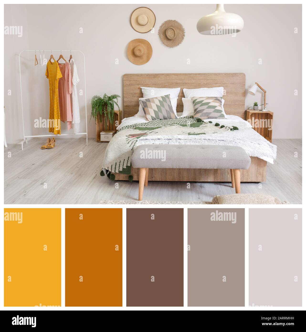 Stylish interior of comfortable bedroom. Different color patterns Stock ...