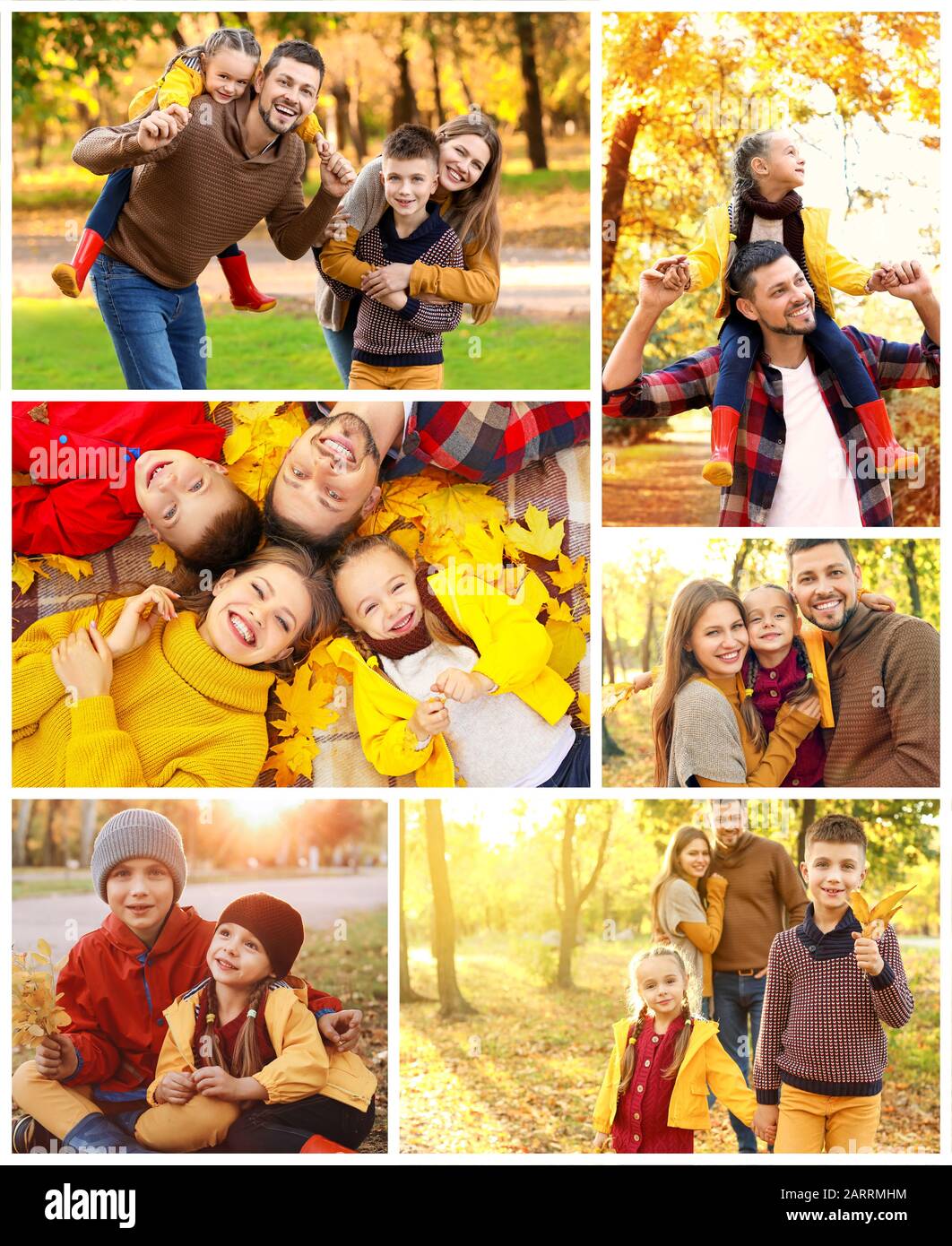 Collage of photos with happy family in autumn park Stock Photo - Alamy