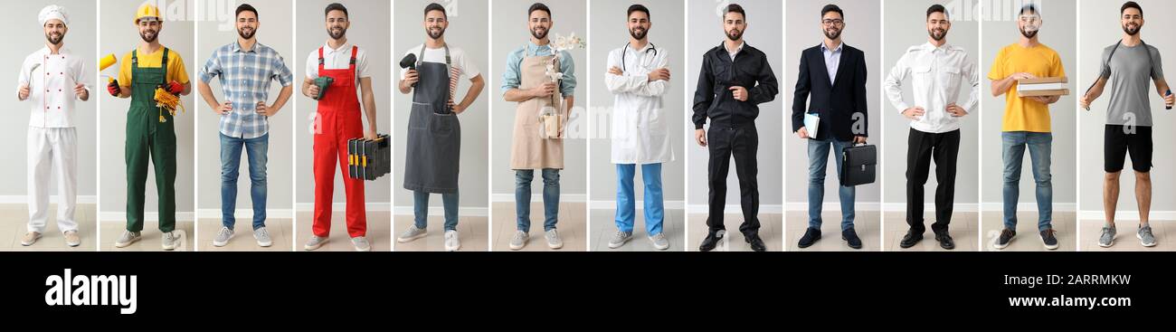 Collage with young man in uniforms of different professions Stock Photo ...