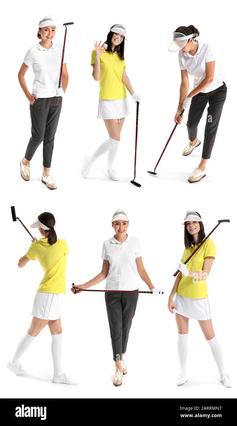 Set with beautiful golfers on white background Stock Photo - Alamy