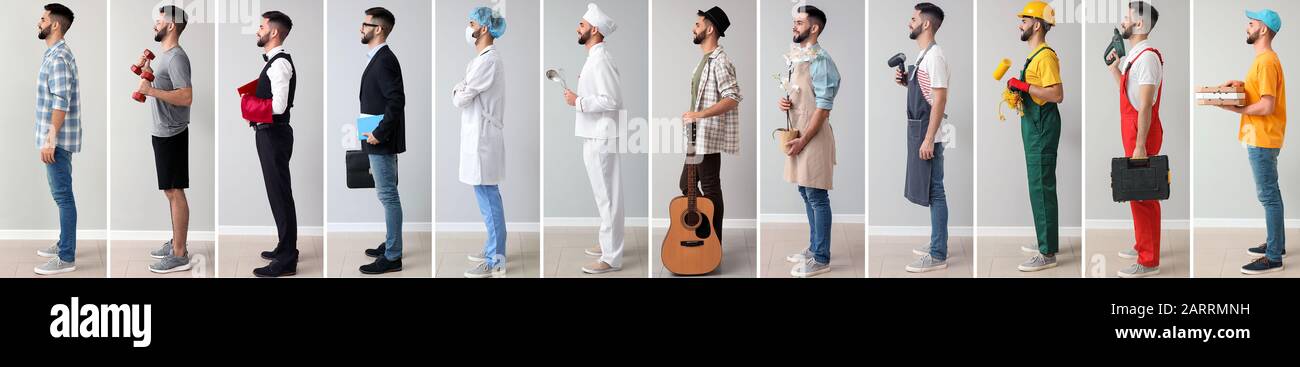 Collage with young man in uniforms of different professions Stock Photo ...