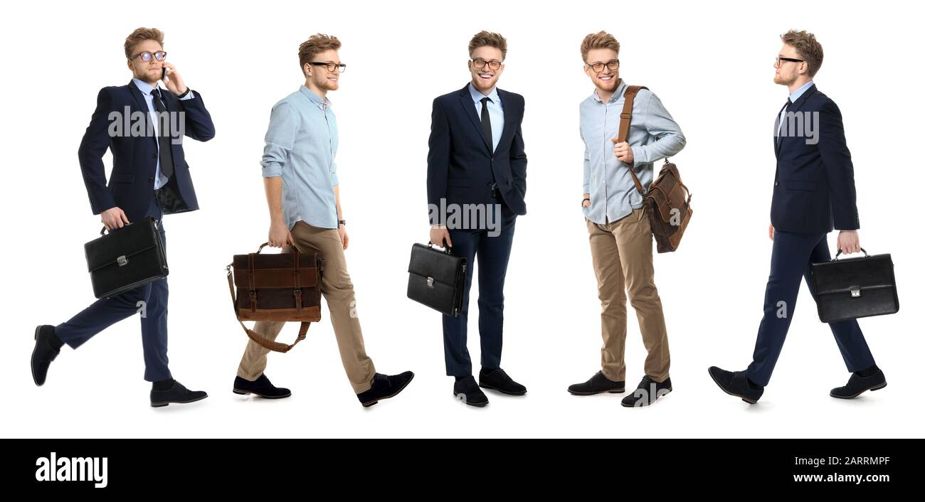 Set of men with briefcases on white background Stock Photo - Alamy
