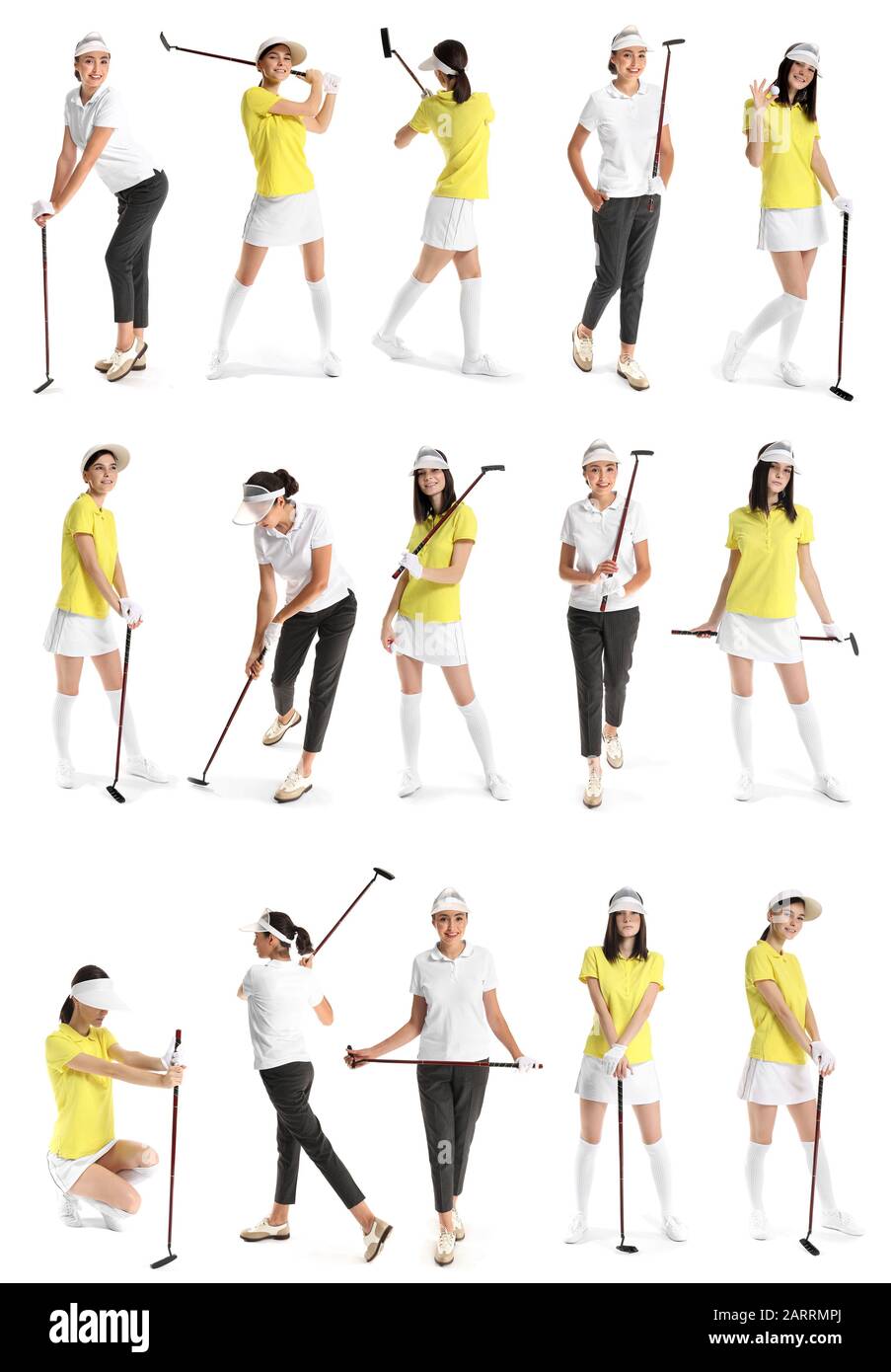 Set with beautiful golfers on white background Stock Photo - Alamy
