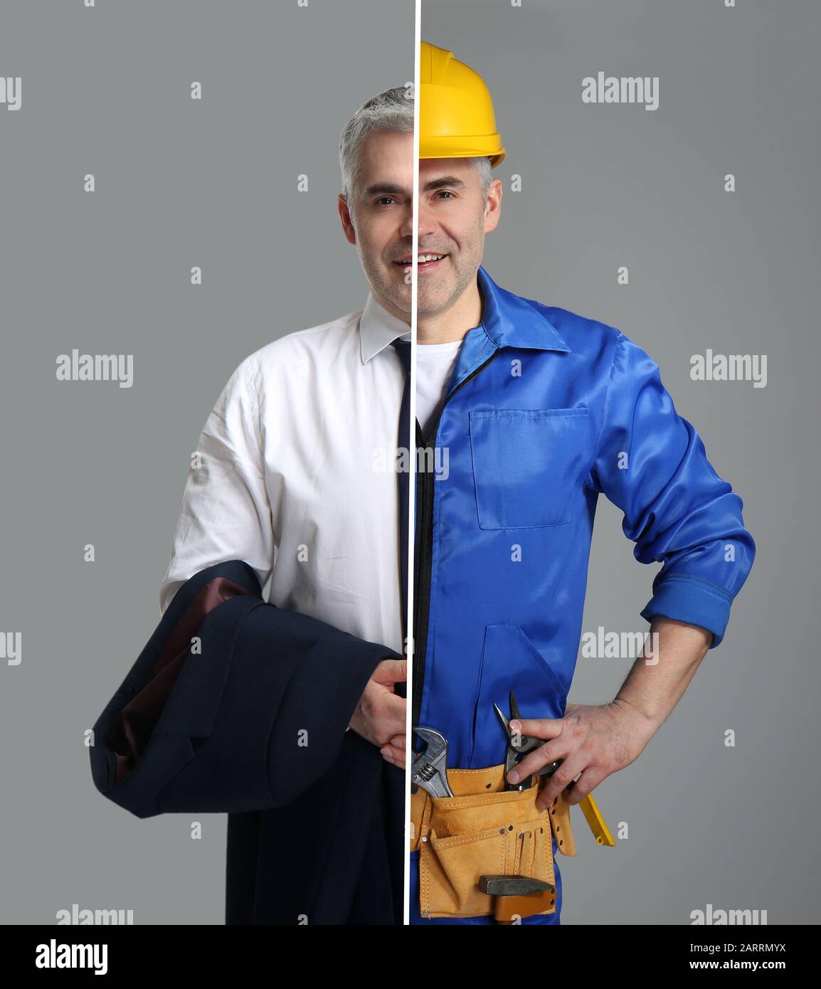 Comparison portrait of man in uniforms of different professions on grey ...