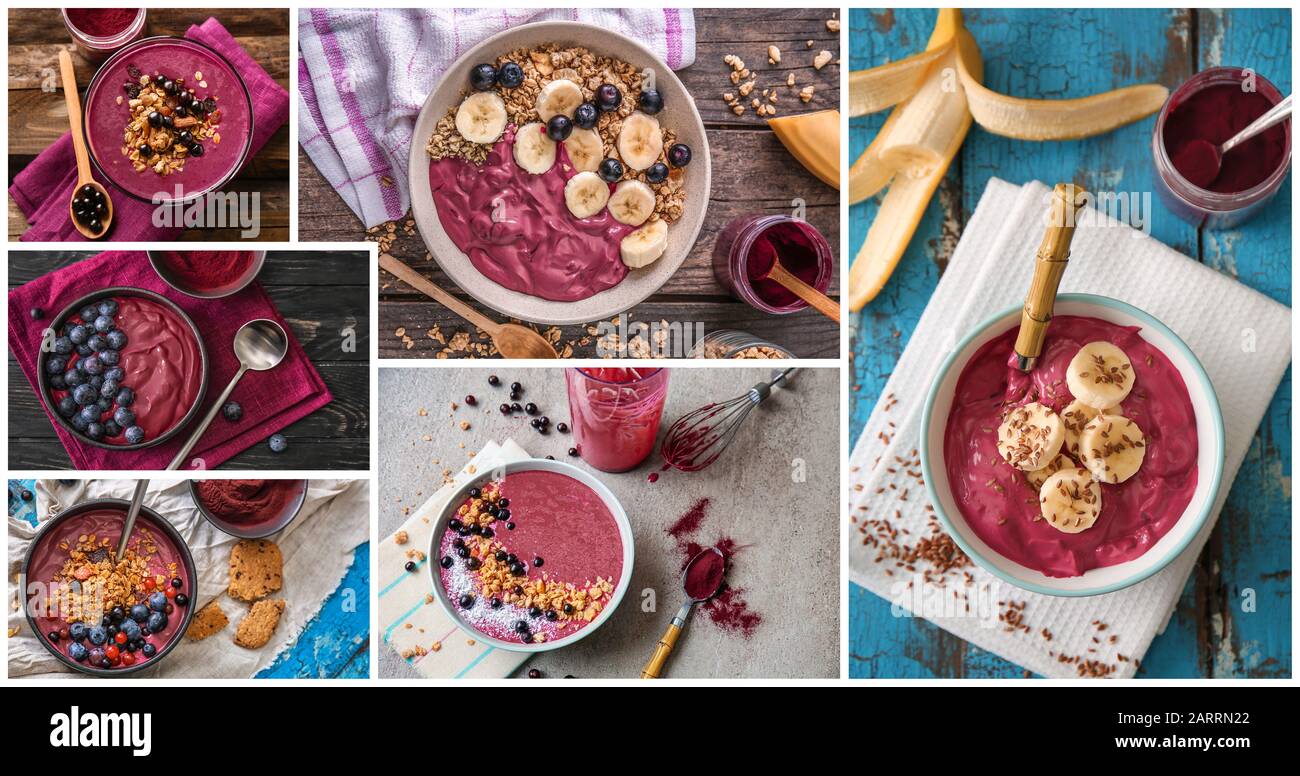 Collage of photos with tasty acai smoothie Stock Photo - Alamy