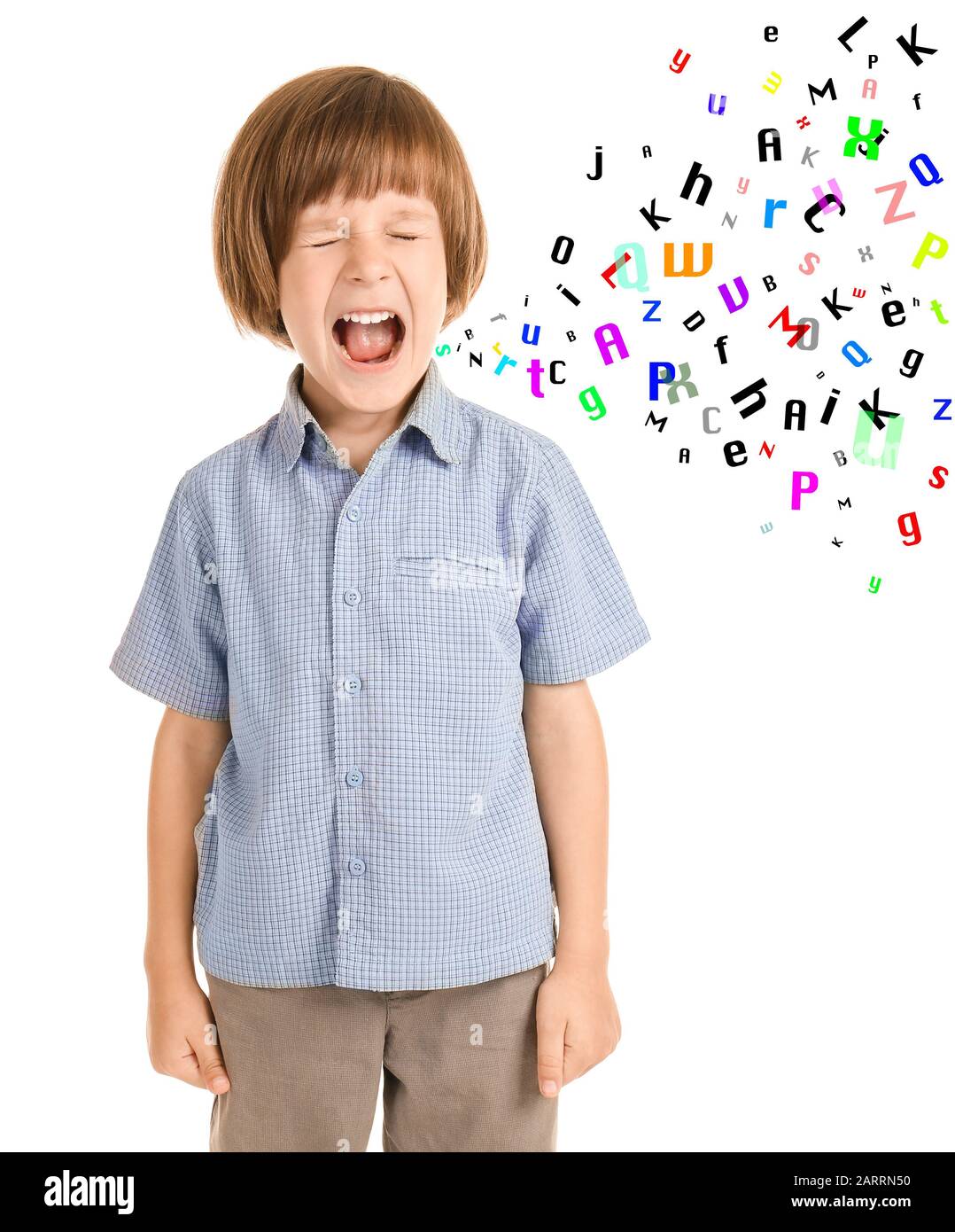Screaming little boy and letters coming out of his mouth on white ...
