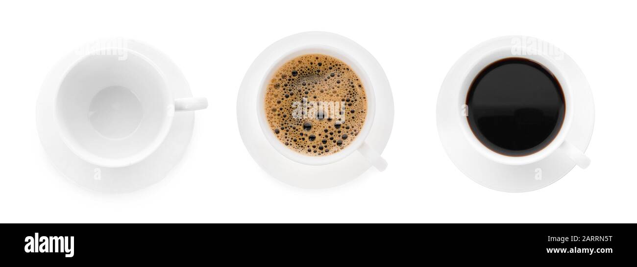 One empty cup and two cups of coffee on white background Stock Photo ...