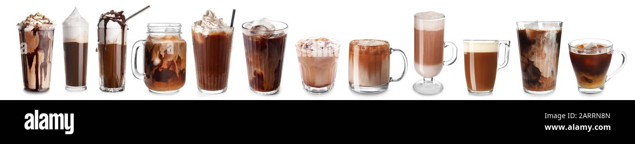 Set of glassware with different coffee on white background Stock Photo ...