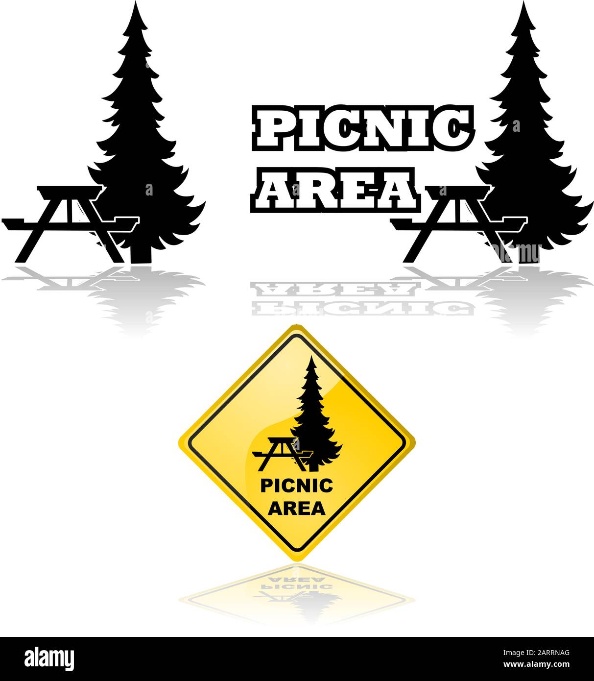 Icon illustration showing a picnic table and a pine tree, with the ...