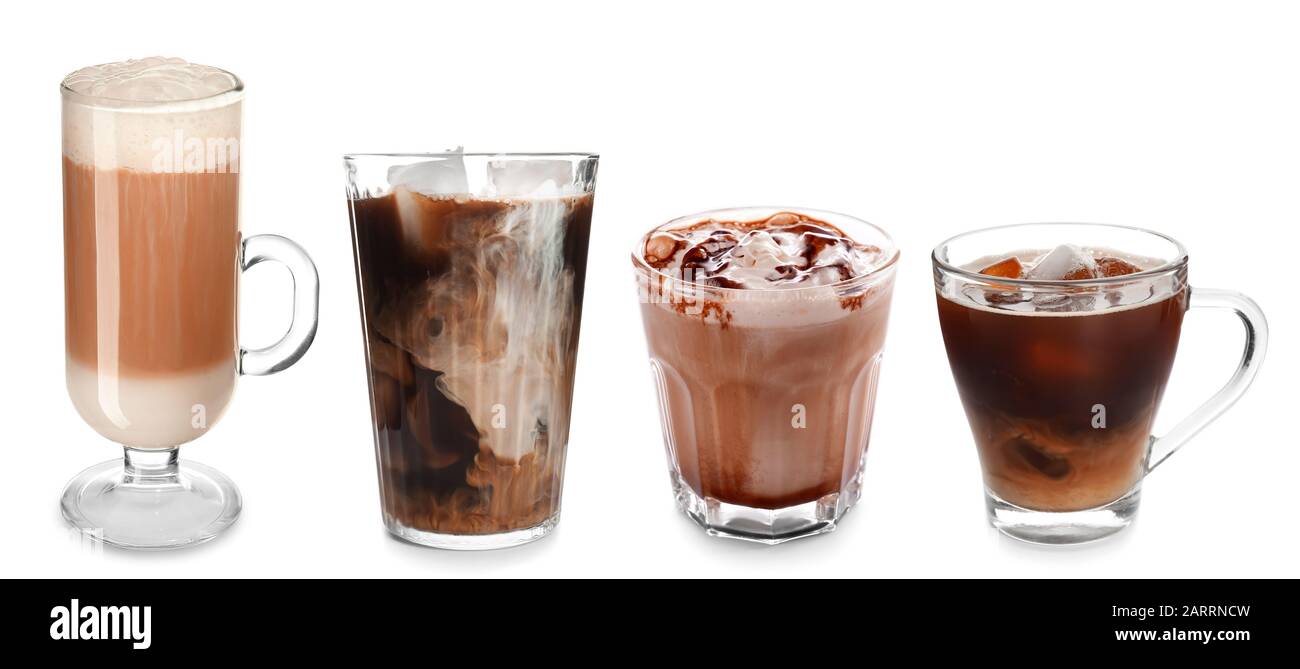 Glassware with different coffee on white background Stock Photo - Alamy