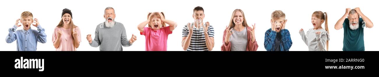 Collage with different angry people on white background Stock Photo - Alamy